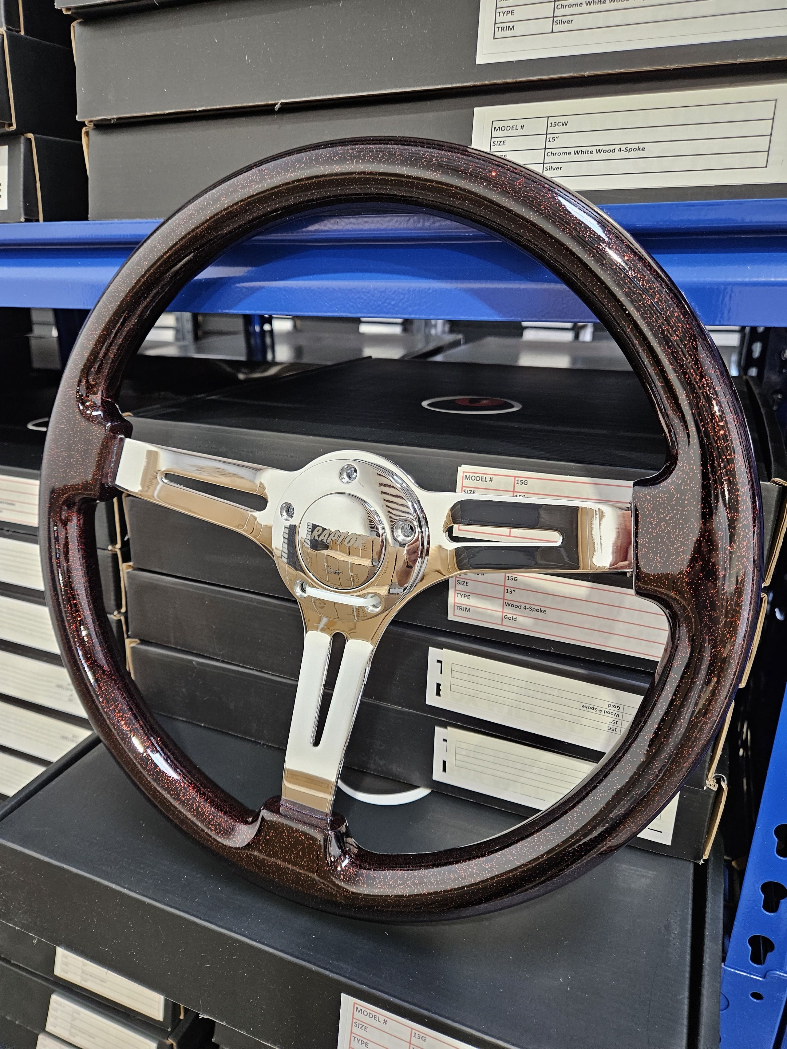 15" Red Glitter Wood & Chrome 3-Spoke Steering Wheel | Raptor Steering ...